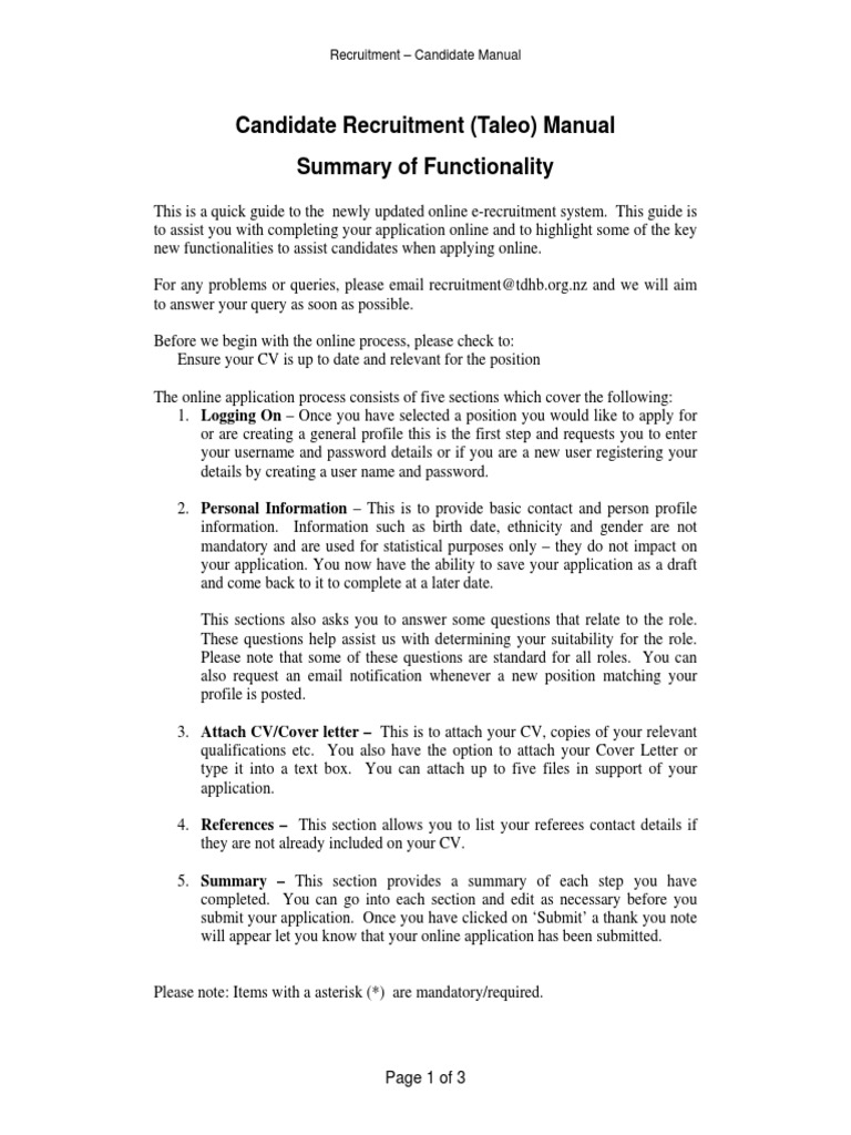 Candidate Recruitment (Taleo) Manual Summary of Functionality | PDF ...
