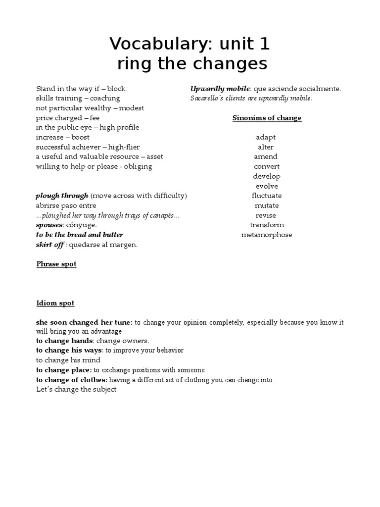 Vocabulary: Unit 1 Ring The Changes: Upwardly Mobile: Que Asciende Socialmente | PDF