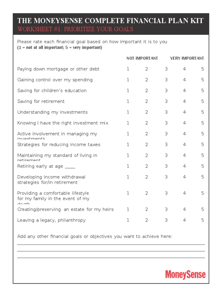 The Moneysense Complete Financial Plan Kit: Worksheet #1: Prioritize ...