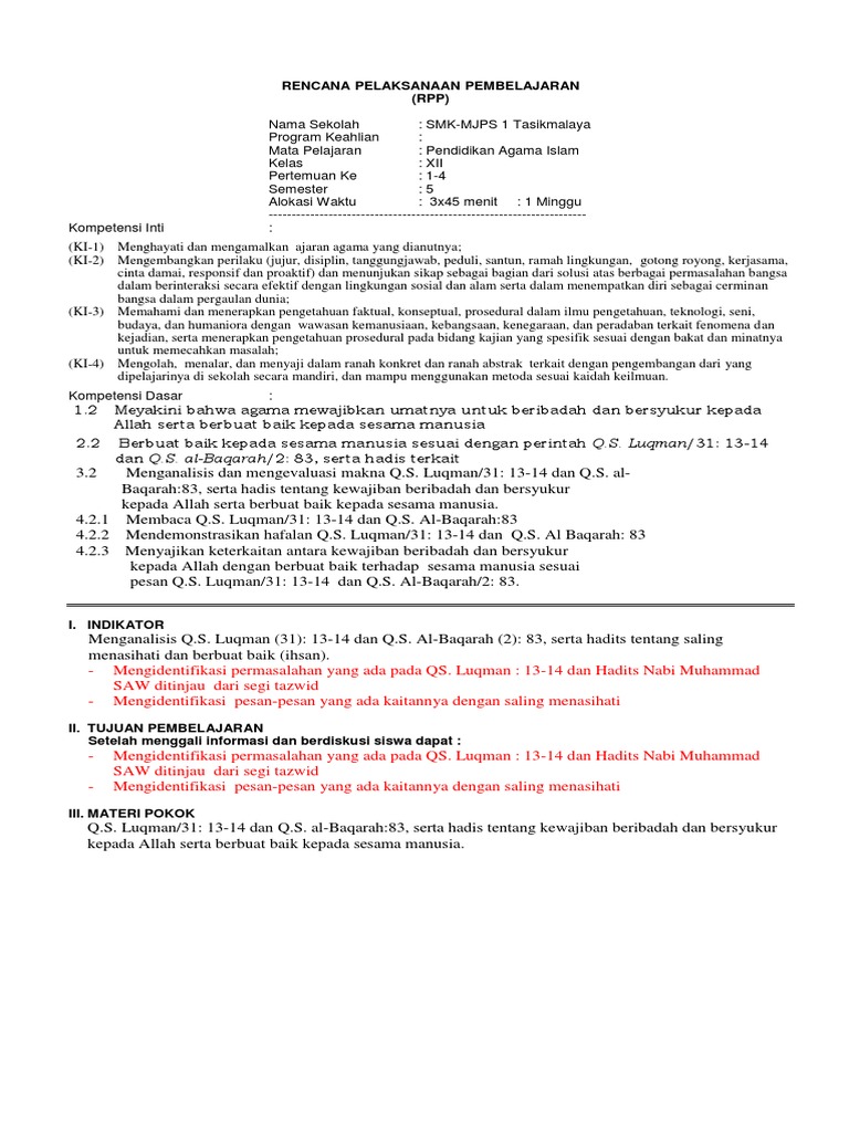 RPP - Kelas Xii - Bab 2 Saling Men - Qs - Luqman | PDF