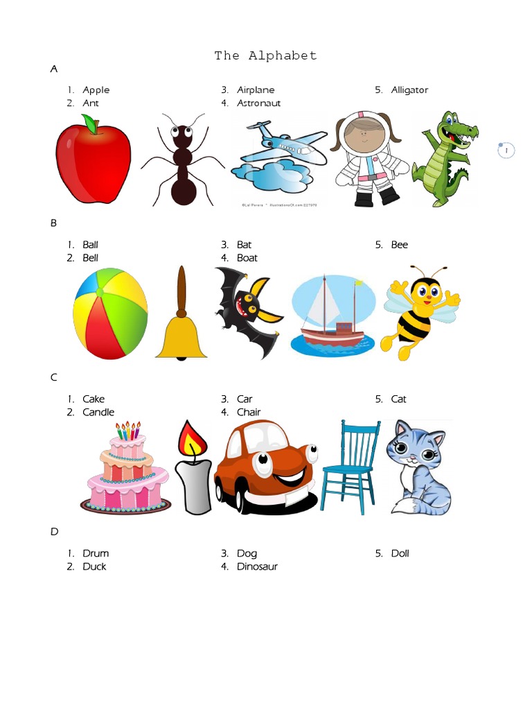 The Alphabet: A 1. Apple 2. Ant 3. Airplane 4. Astronaut 5. Alligator | PDF
