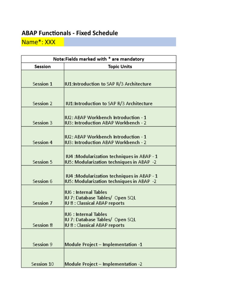 Name : XXX: ABAP Functionals - Fixed Schedule | PDF | Computing | Computer Programming
