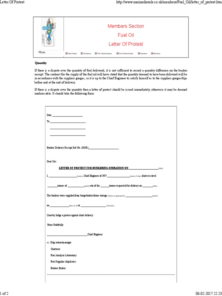 Draft Letter of Protest Template for Disputing Fuel Oil Quantity ...