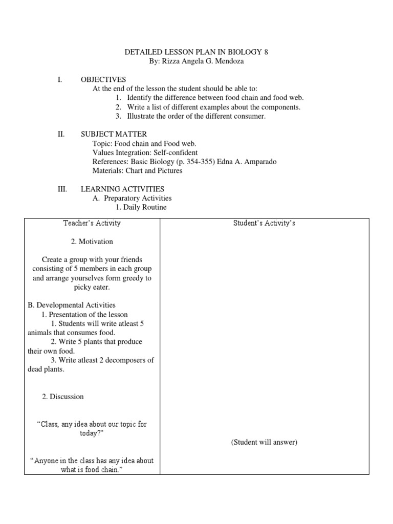 Detailed Lesson Plan in Biology 8 | PDF | Food Web | Lesson Plan