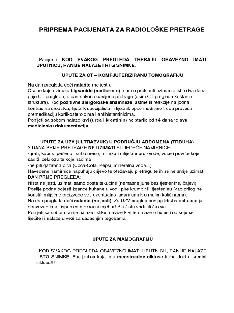 Priprema Pacijenta Za Pretrage | PDF