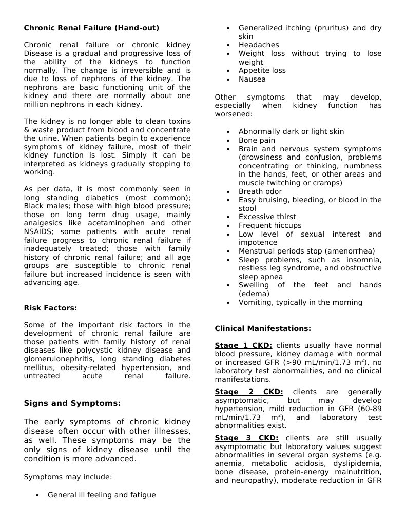 Chronic Renal Failure (Handout) | PDF | Chronic Kidney Disease | Kidney