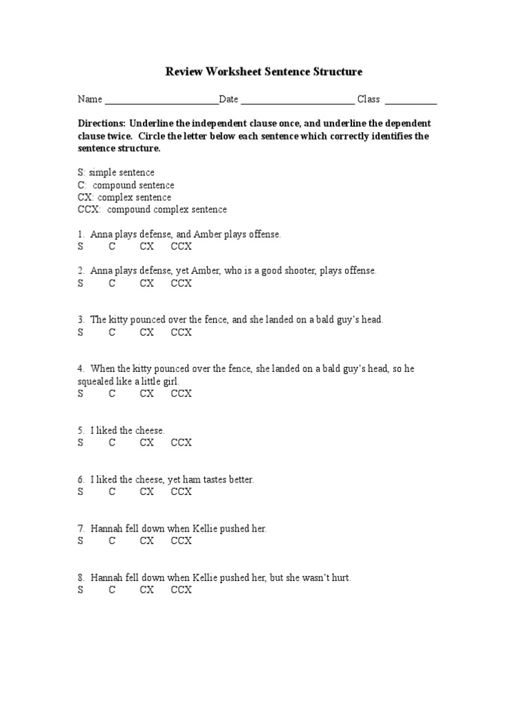 Sentence Structure Review Worksheet | PDF | Sentence (Linguistics ...