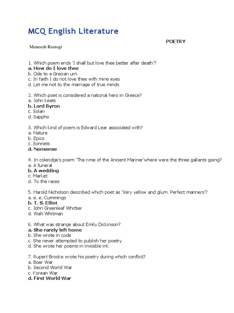 MCQ English Literature | PDF | William Shakespeare | Macbeth