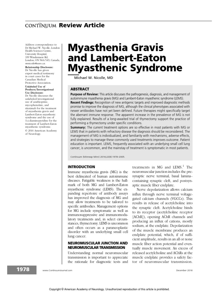 Myasthenia Gravis and Lambert-Eaton Myasthenic Syndrome - Continuum December 2016 ...
