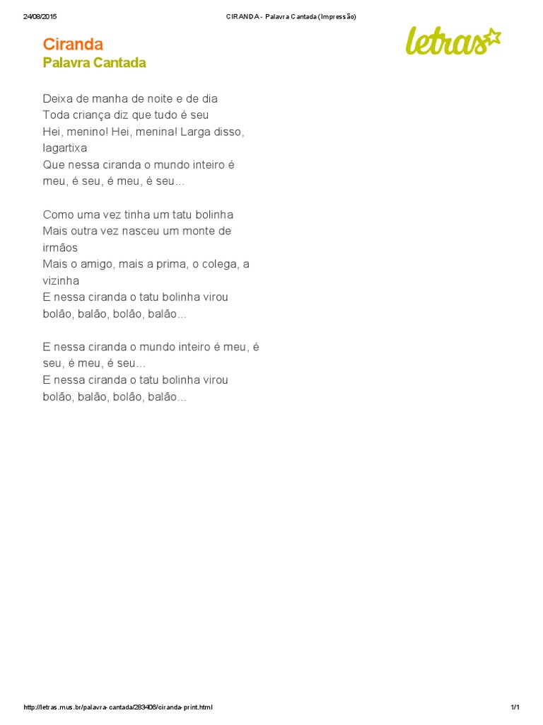 Letra da Ciranda - Palavra Cantada | PDF | Artes Linguísticas e ...