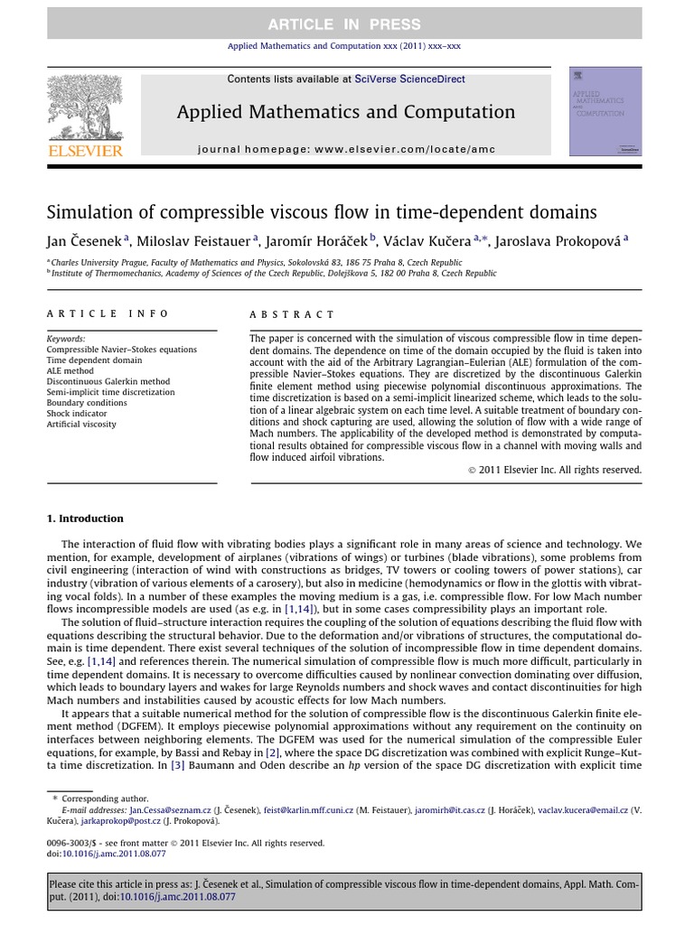 Cesenek11 - Simulation of Compressible Viscous Flow in Time-Dependent Domains | PDF | Navier ...