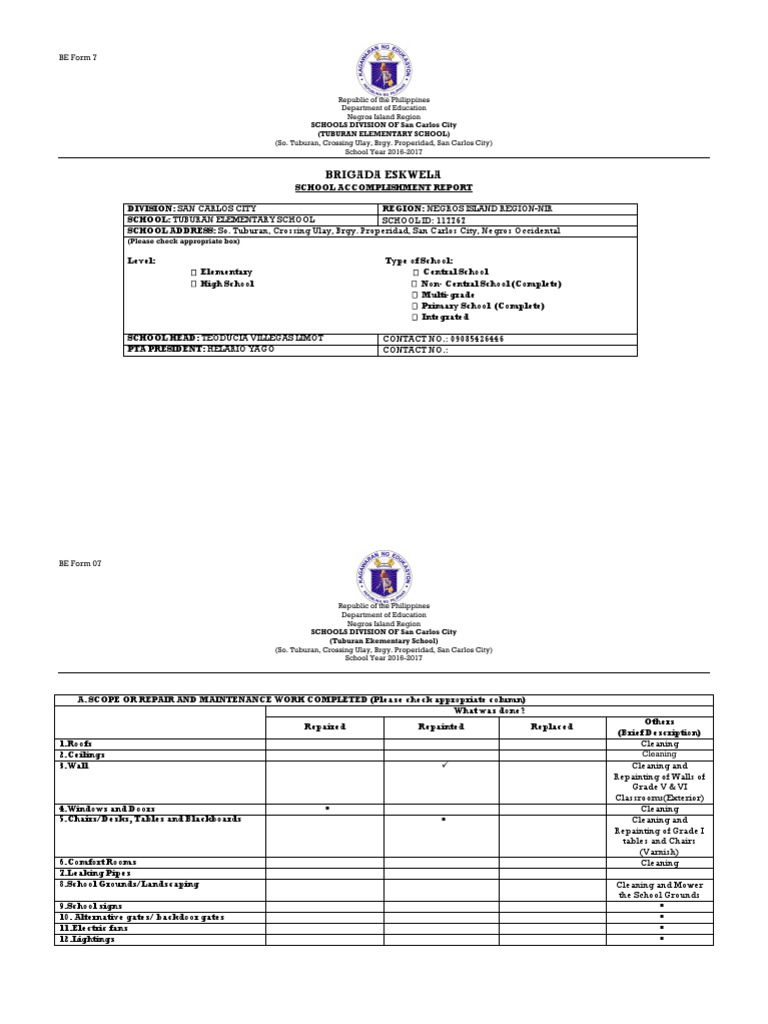 Be Form 7 - School Accomplishment Report | Schools | Personal Growth