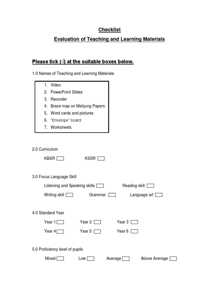 Checklist Evaluation of Teaching and Learning Materials | PDF ...