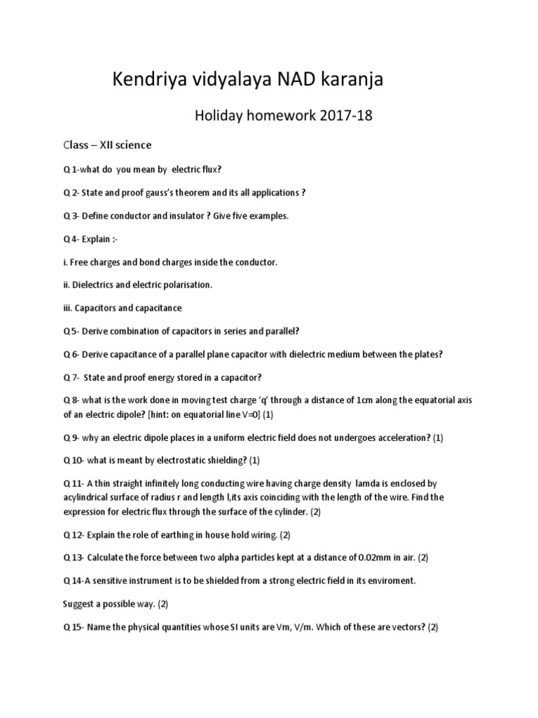 Ye Holiday Homework (Class XII) | PDF | Capacitor | Electric Field