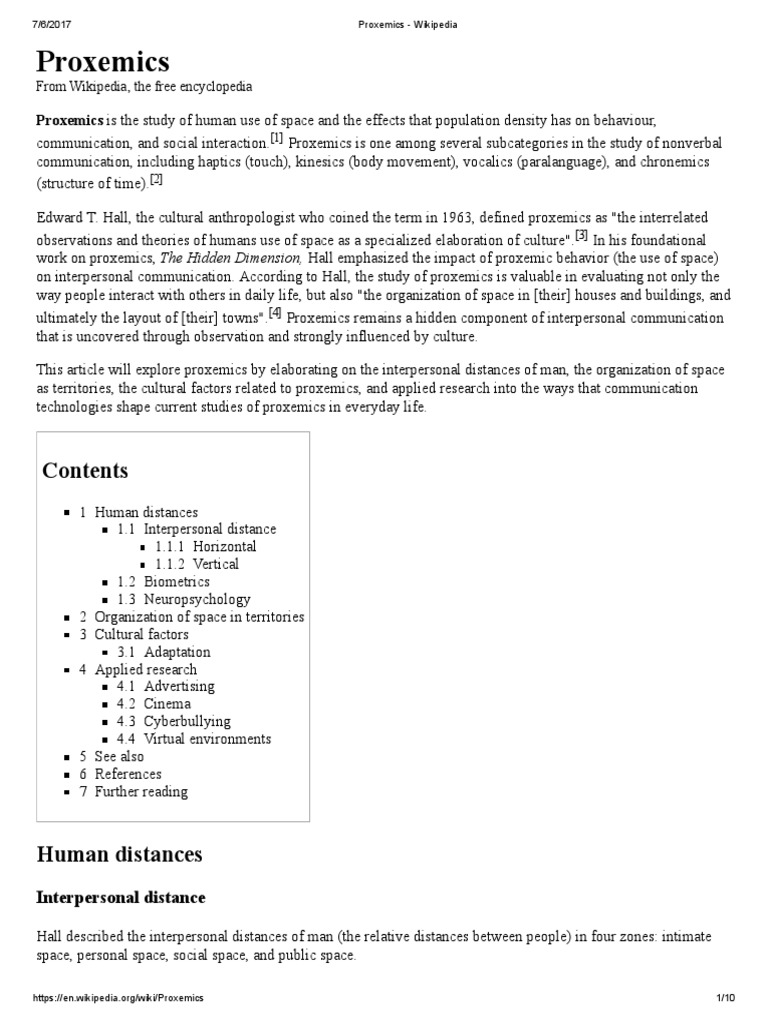 Proxemics - Wikipedia PDF | PDF | Human Communication | Psychological ...