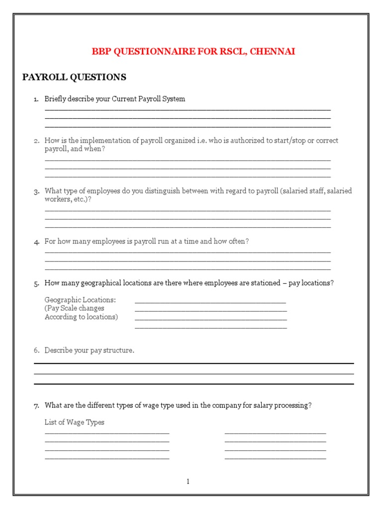 BBP Questionnaire For RSCL - HCM | PDF | Overtime | Payroll