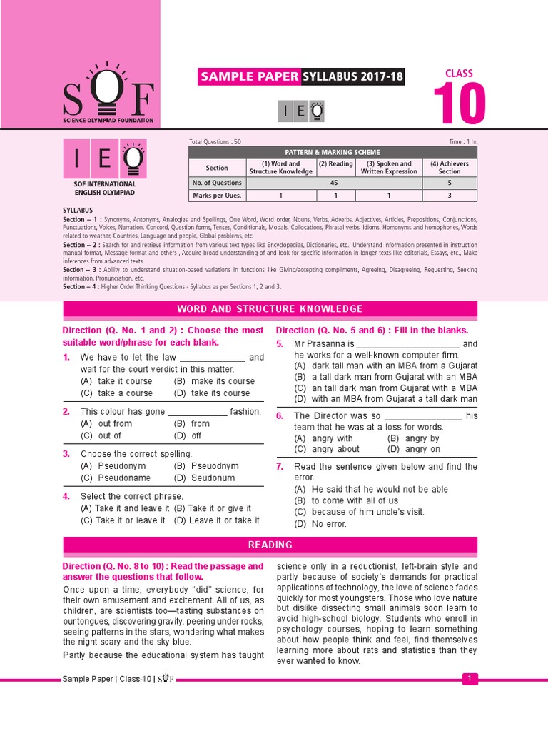 Ieo Sample Paper Class-10 | Verb | English Language