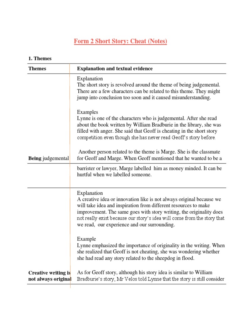 Form 2 Short Story-Cheat | PDF
