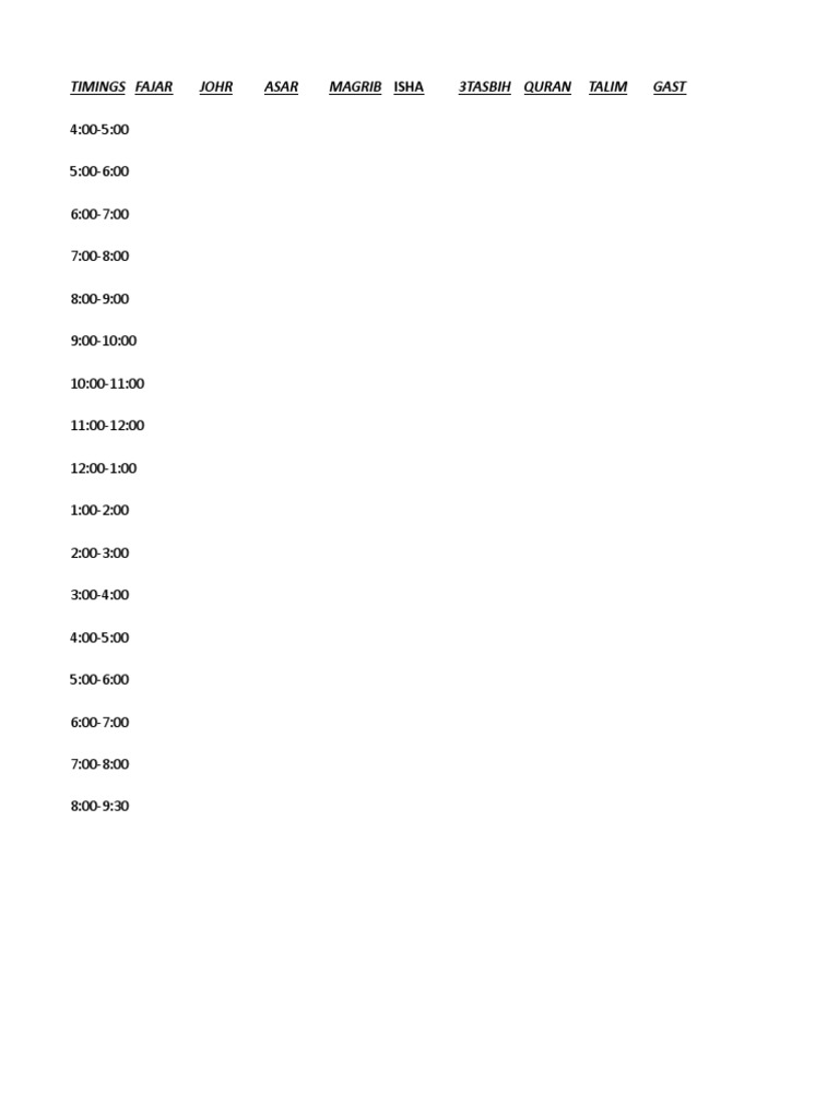 Timings Fajar Johr Asar Magrib Isha 3tasbih Quran Talim Gast | PDF