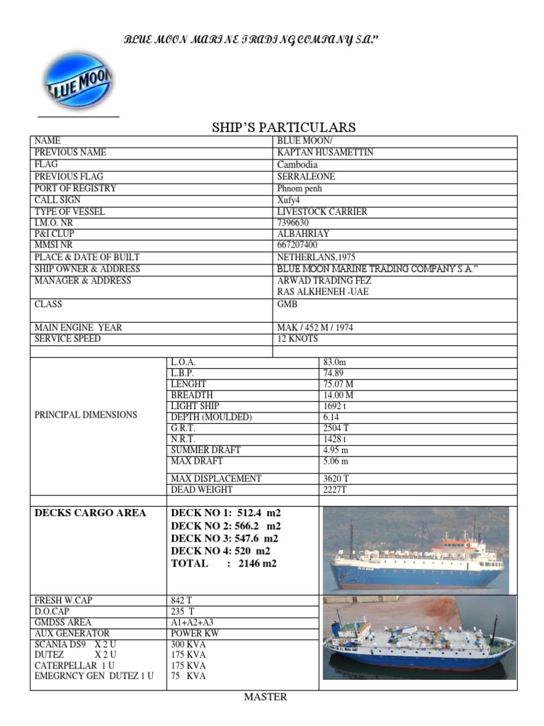 Ship'S Particulars: Blue Moon Marine Trading Company S.A." | PDF