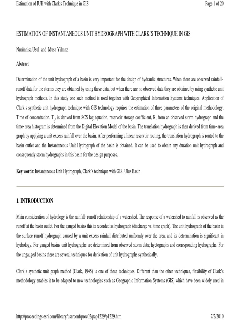 Estimation of Instantaneous Unit Hydrograph With Clark's Technique in Gis - For Matlab Use | PDF ...