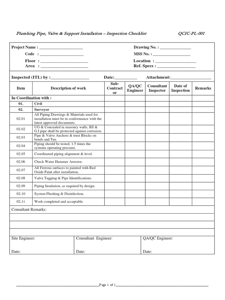 Mech Inspection Checklist PDF | Download Free PDF | Duct (Flow) | Pipe ...