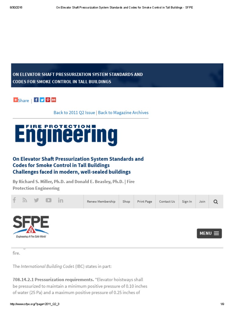 On Elevator Shaft Pressurization System Standards and Codes For Smoke ...