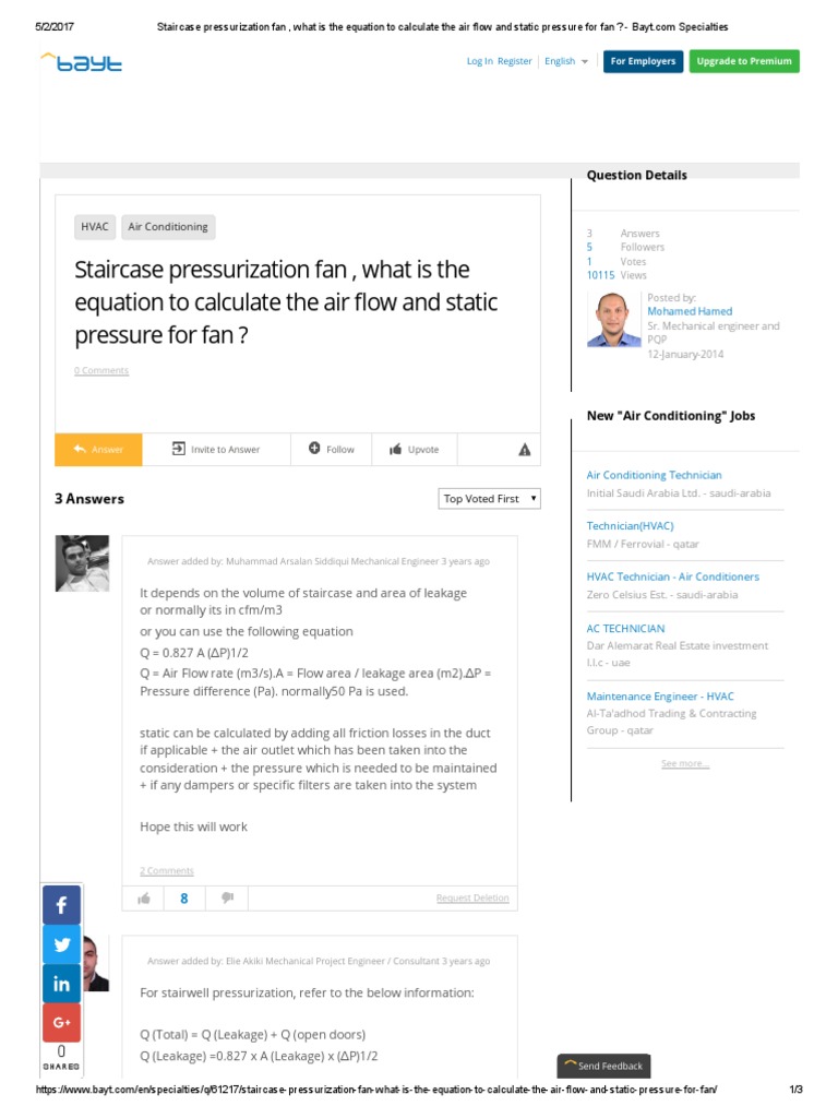 Staircase Pressurization Fan, What Is The Equation To Calculate The Air Flow and Static Pressure ...