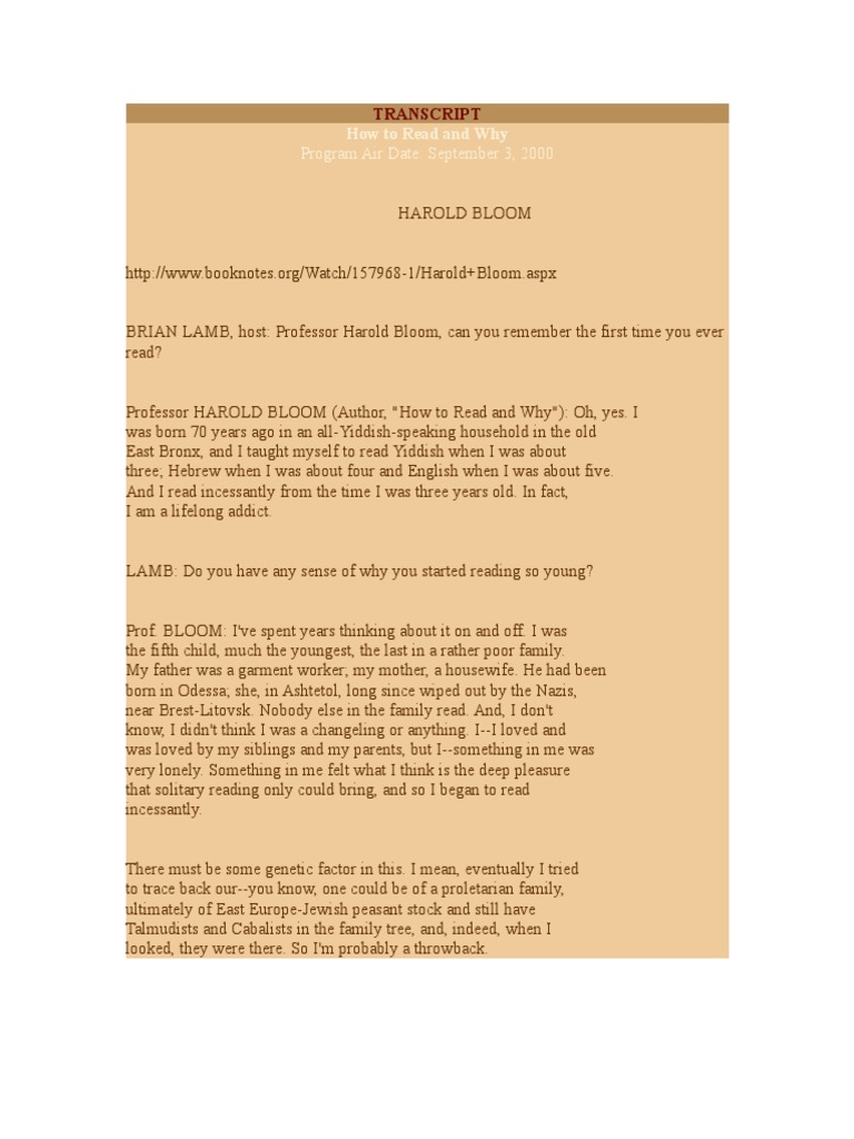HAROLD BLOOM - How To Read and Why | PDF | Library And Museum | Schools