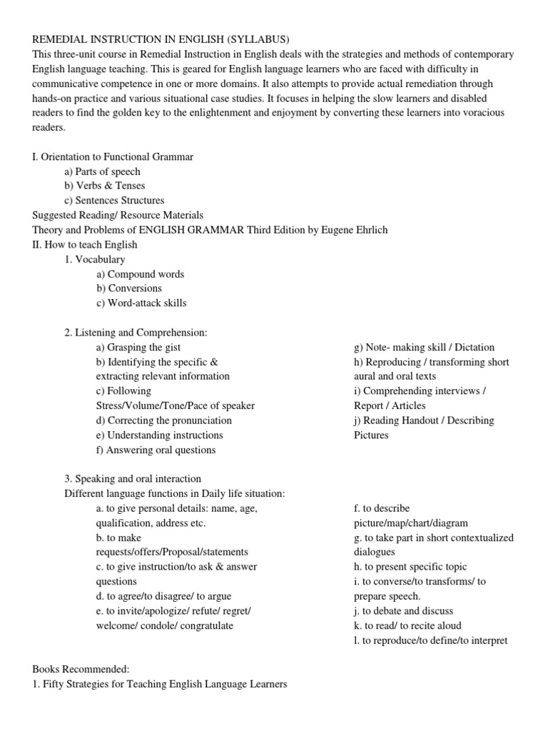 Remedial Instruction in English | PDF | Metacognition | Reading Comprehension