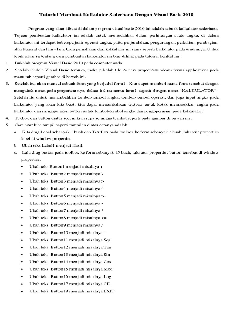 Tutorial Kalkulator Sederhana VB 2010 | PDF