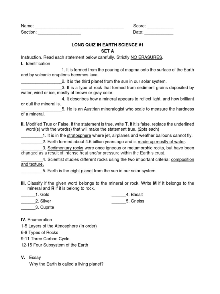 Long Quiz in Earth Science #1 | PDF | Rock (Geology) | Minerals