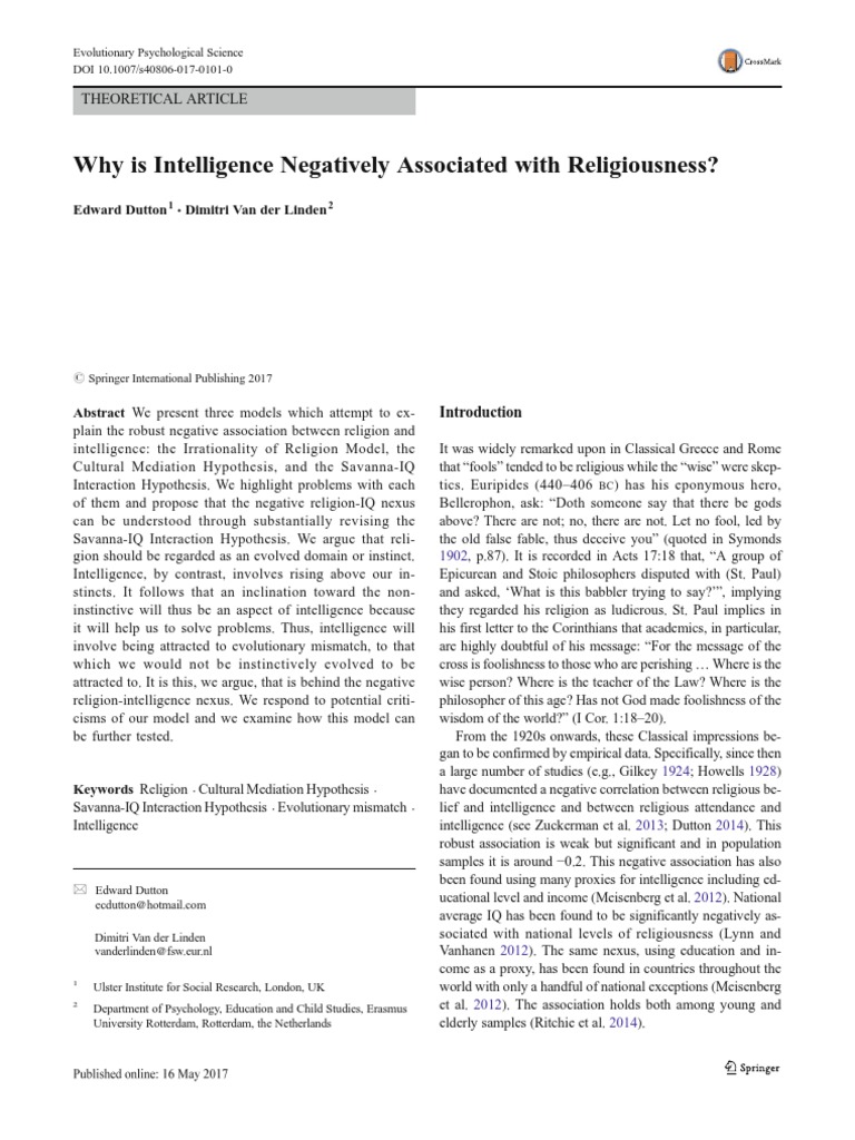 Why Is Intelligence Negatively Associated With Religiousness | PDF ...