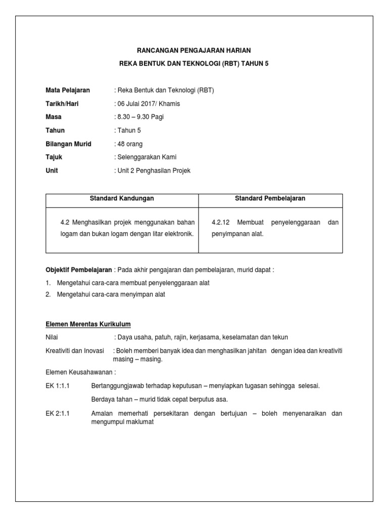 RPH RBT Tahun 5: Selenggarakan Alat | PDF