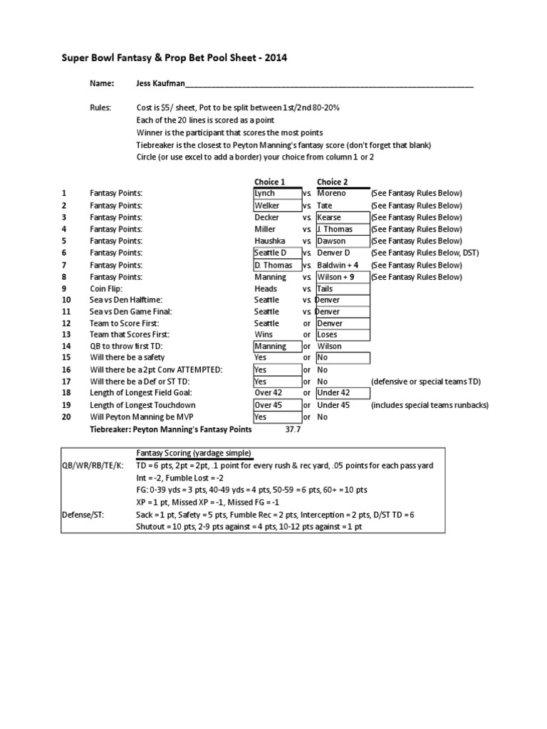Super Bowl Fantasy & Prop Bet Pool Sheet - 2014 | PDF | Peyton Manning ...