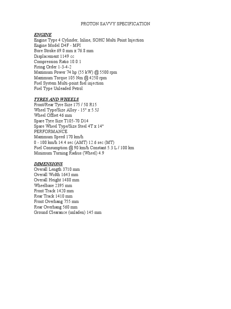 Proton Savvy Specifications Overview | PDF | Transmission (Mechanics ...