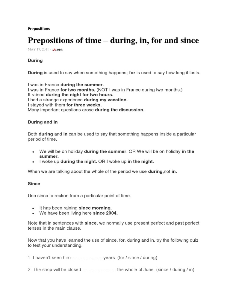 Prepositions of Time - During, In, For and Since | PDF