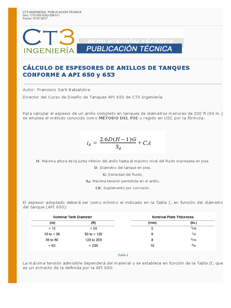 ct3 Ingenieria Calculo Espesor Tanques Api 650 653 PDF | PDF