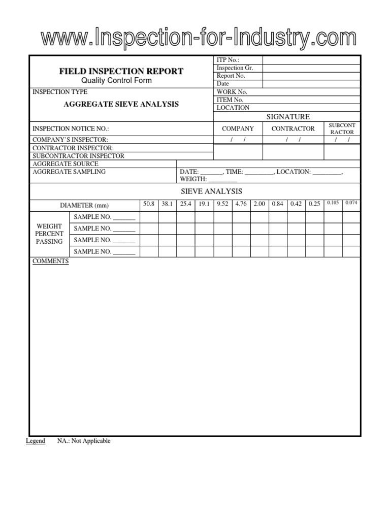 Aggregate Sieve Analysis Quality Control and Inspection Report Form | PDF