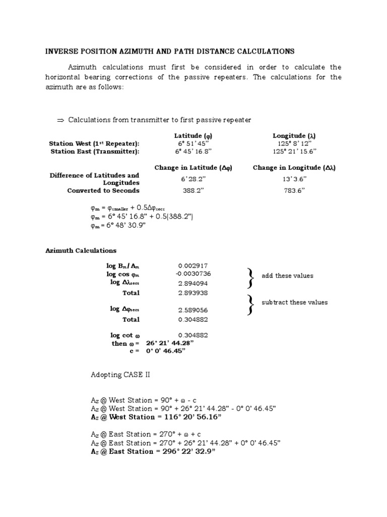 Bearing Calculations For Microwave Repeaters | PDF | Azimuth | Trigonometric Functions