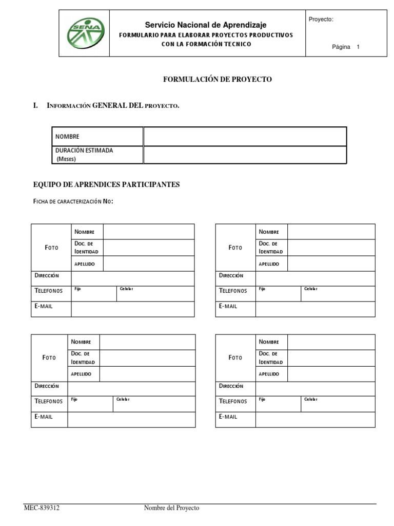 Formato Sena - Presentación de Proyectos Productivos - MEC | PDF | Software | Marketing