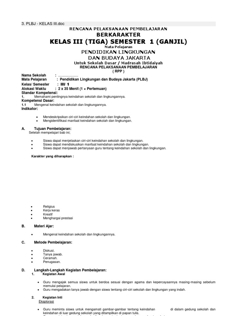 Keindahan Sekolah: RPP PLBJ Kelas 3 | PDF