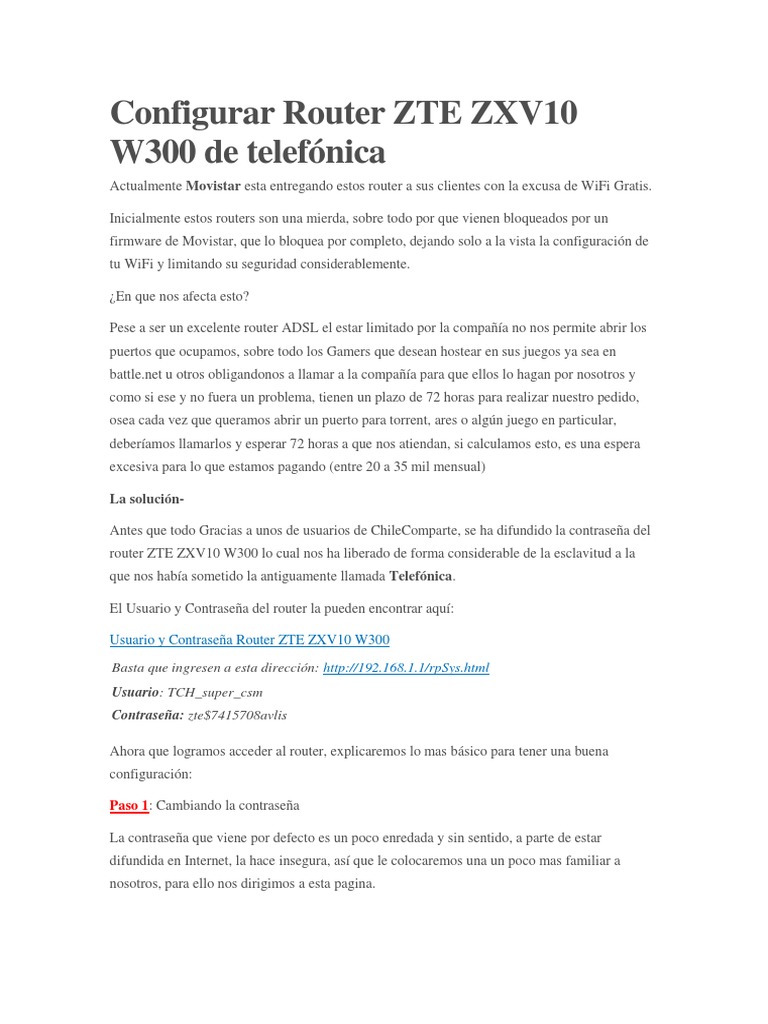 Configurar Router ZTE ZXV10 W300 de Telefónica | PDF | Enrutador ...
