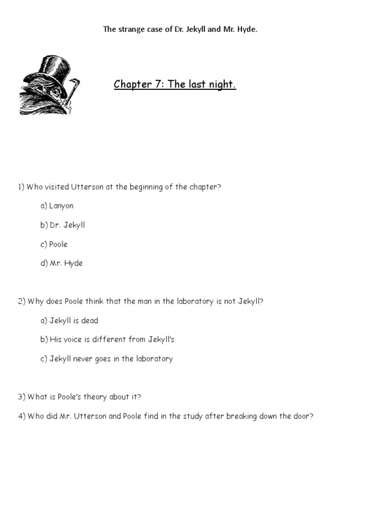 Dr. Jekyll and Mr. Hyde Worksheet Chapters 7 and 8 | PDF | Strange Case ...