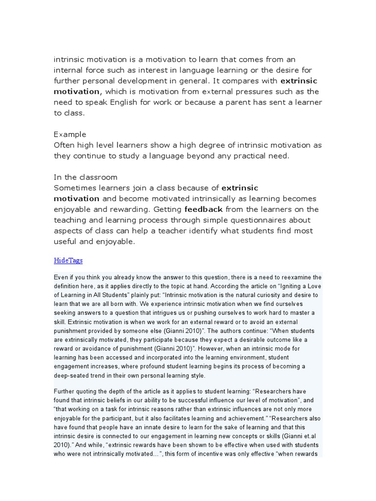 Intrinsic Motivation Is A Motivation To Learn That Comes From An ...
