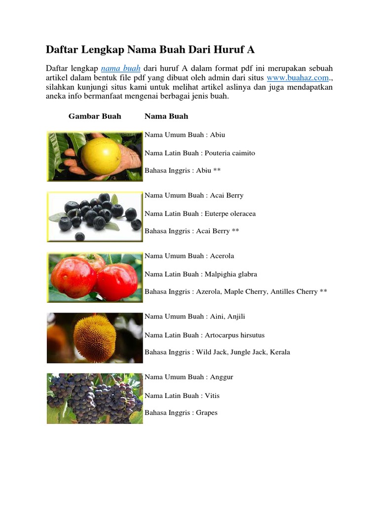 Daftar Lengkap Nama Buah Dari Huruf A | PDF