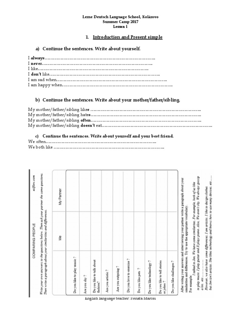 Lesson 1worksheet Introduction and Present Simple | PDF