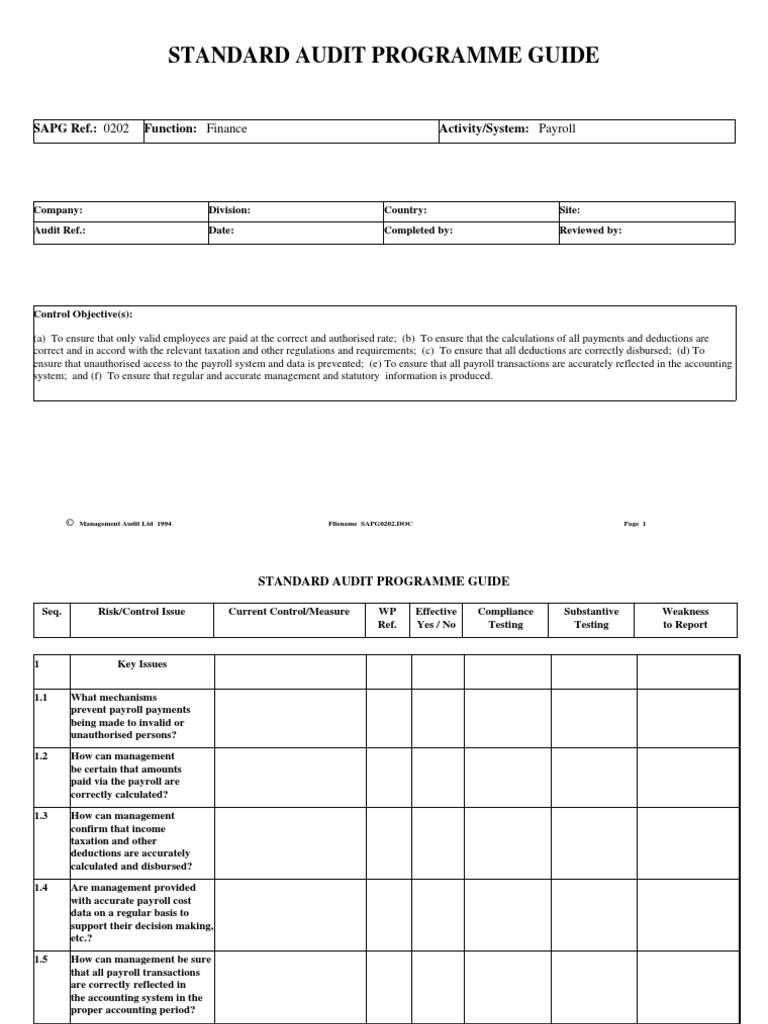 Standard Audit Programme Guide: SAPG Ref.: 0202 Function: Finance Activity/System: Payroll ...