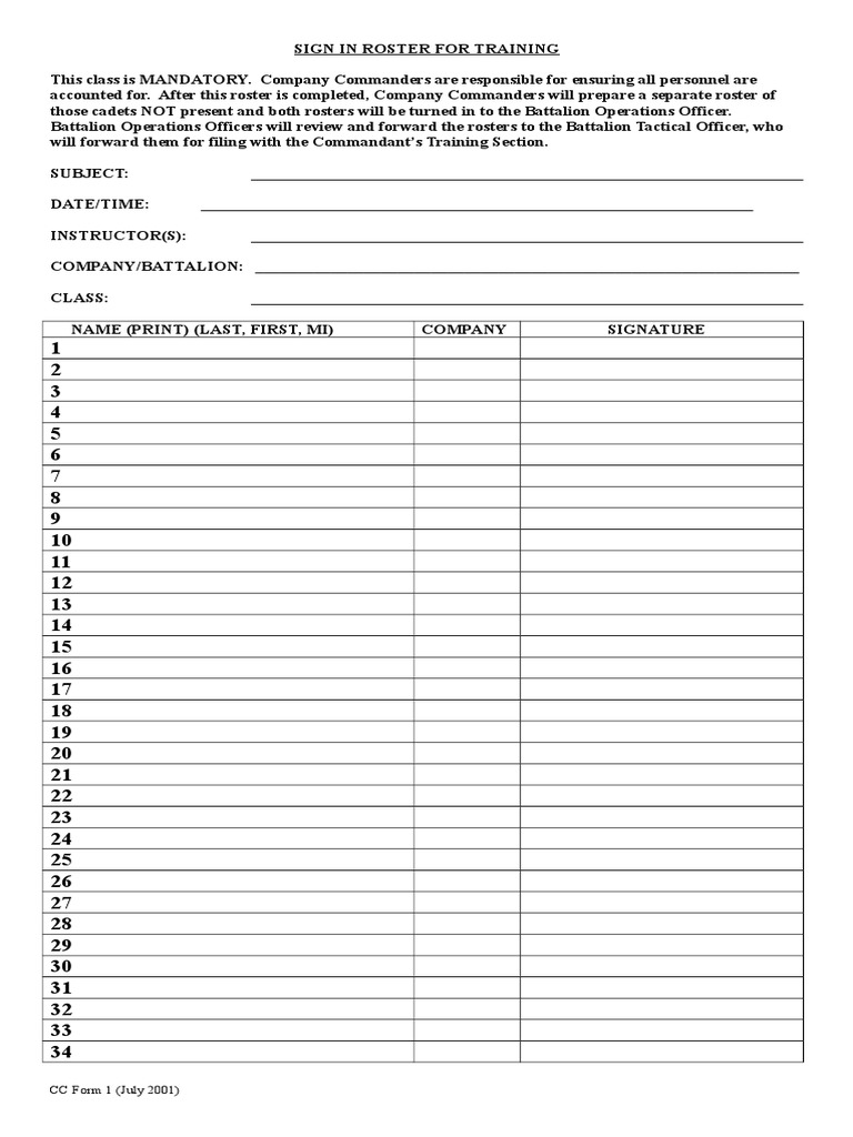 Army Training Sign In Roster | PDF