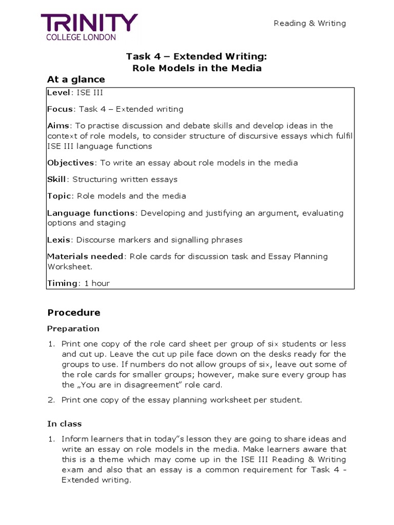 ISE III - Task 4 - Extended Writing - CA1 (Role Models in The Media) | PDF | Paragraph | Essays